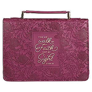 Christian Art Gifts Protective Maroon Floral Faux Leather Bible Cover Carry Case with Handle for Women: Walk by Faith - 2 Corinthians 5:7 Inspirational Bible Verse Zippered with Pocket, Medium