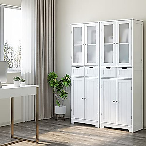 HORSTORS Tall Storage Cabinet, Freestanding Kitchen Pantry Cabinet with Glass Doors and Shelves, Large Modern Cupboard with 2 Drawers for Home Office, White, 23.6" L x 11.8" D x 66.9" H
