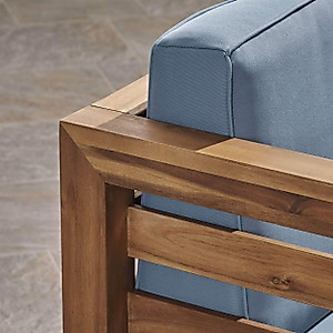 GDFStudio Outdoor Acacia Wood Club Chair with Cushion, Teak Finish and Blue