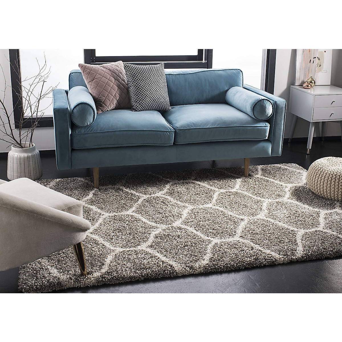 SAFAVIEH Hudson Shag Collection Area Rug - 8' x 10', Grey & Ivory, Moroccan Ogee Trellis Design, Non-Shedding & Easy Care, 2-inch Thick Ideal for High Traffic Areas in Living Room, Bedroom (SGH280B)