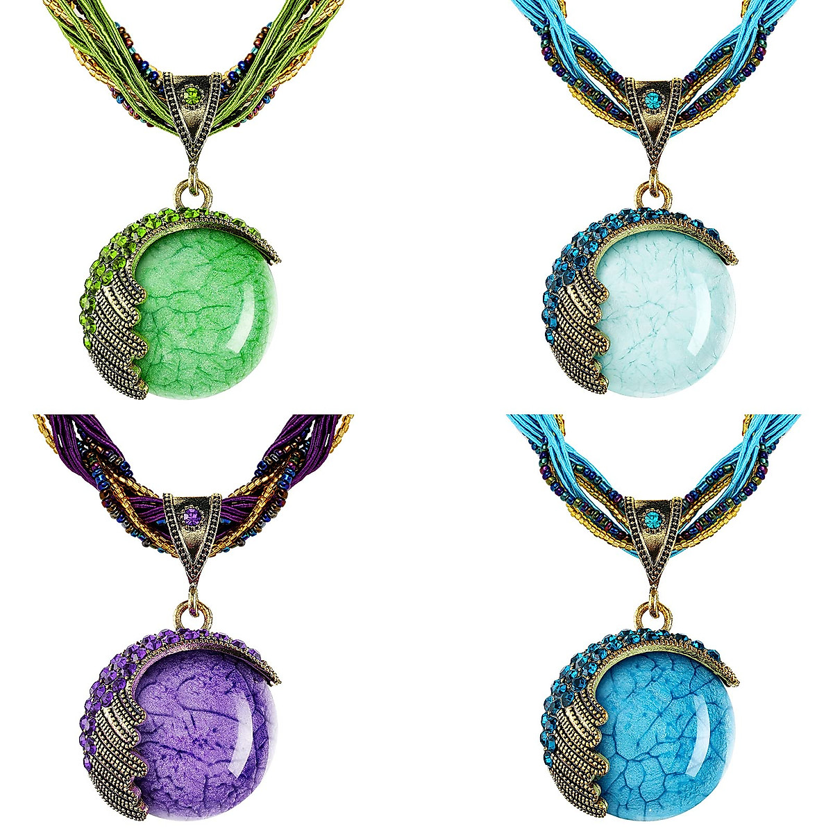 4 Pcs Bohemian Necklace for Women Turquoise Jewelry Necklace Statement Beaded Vintage Jewelry Rhinestone Long Necklace for Pendent Collar Necklace (Peacock Blue, Green, Light Purple, Lake Blue)