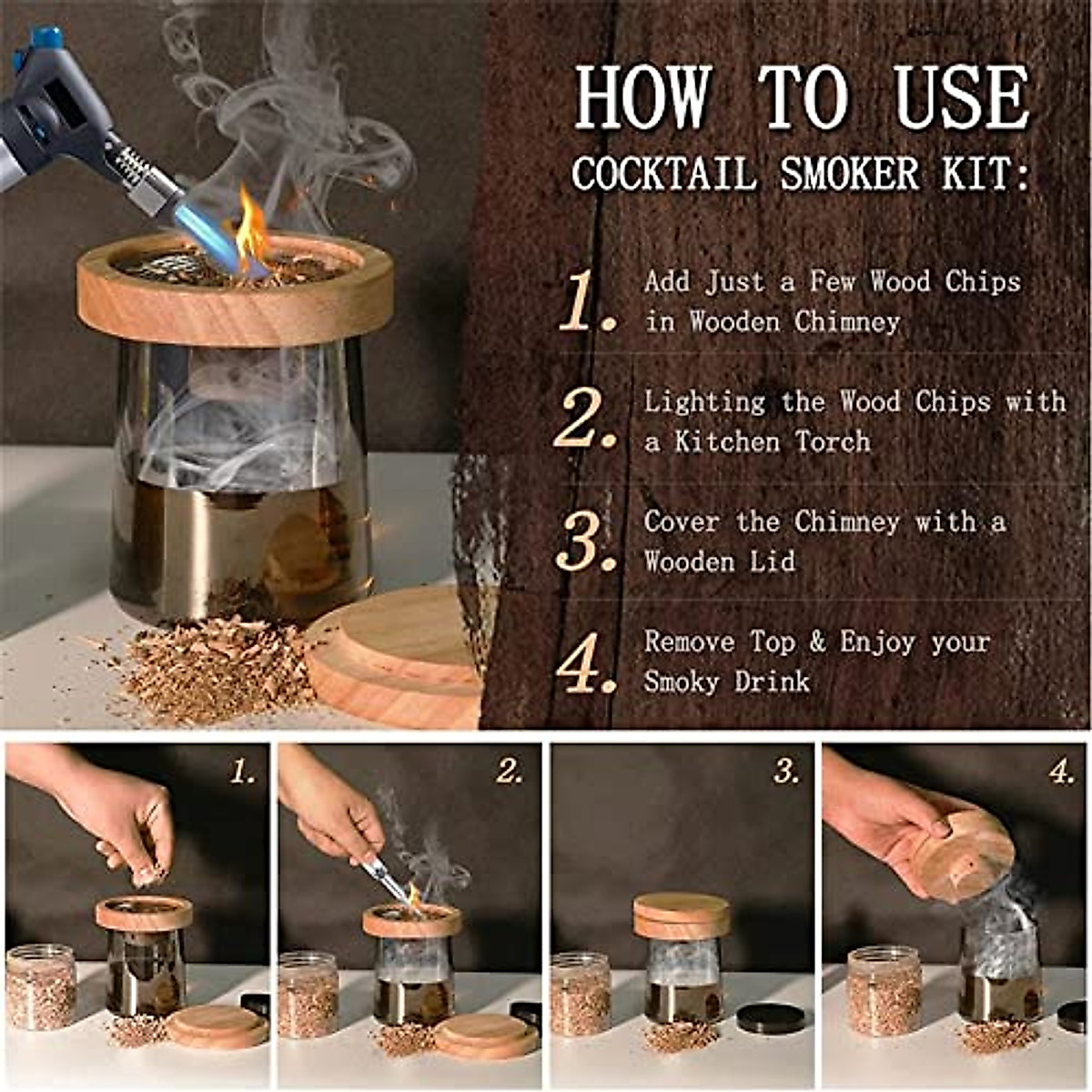 Cocktail Smoker For Infused Cocktails Whiskey, Wine, Grill, Flavored Beverage Smoker In Four Flavors Of Oak, Cherry, Apple And Hickory Wood Chips, Gift For Men, 15x15x5