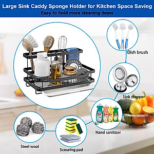 Sponge Holder Kitchen Sink Caddy Organizer, Large Stainless Steel Sink Tray Drainer Rack, Countertop Soap Dish Dispenser Brush Holde with Removable Drain Tray - Not Including Dispenser, Sponge, Brush