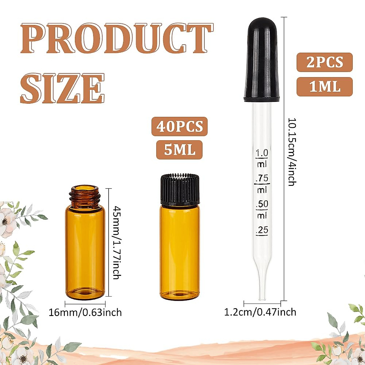 BENECREAT 40 Pack 5ml Amber Brown Orifice Reduce Essential Oil Bottles with Glass Droppers for Aromatherapy Fragrance Oils