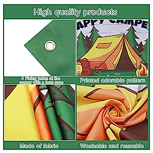 Roetyce Camping Themed Party Decorations Happy Camper Banner Backdrop 5.9 x 3.6 Ft, Outdoor/Indoor Family Camp Gatherings Decor Forest Campfire Photo Background Camping Birthday Party Supplies
