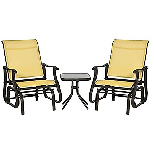Outsunny 3-Piece Outdoor Gliders Set Bistro Set with Steel Frame, Tempered Glass Top Table for Patio, Garden, Backyard, Lawn, Yellow