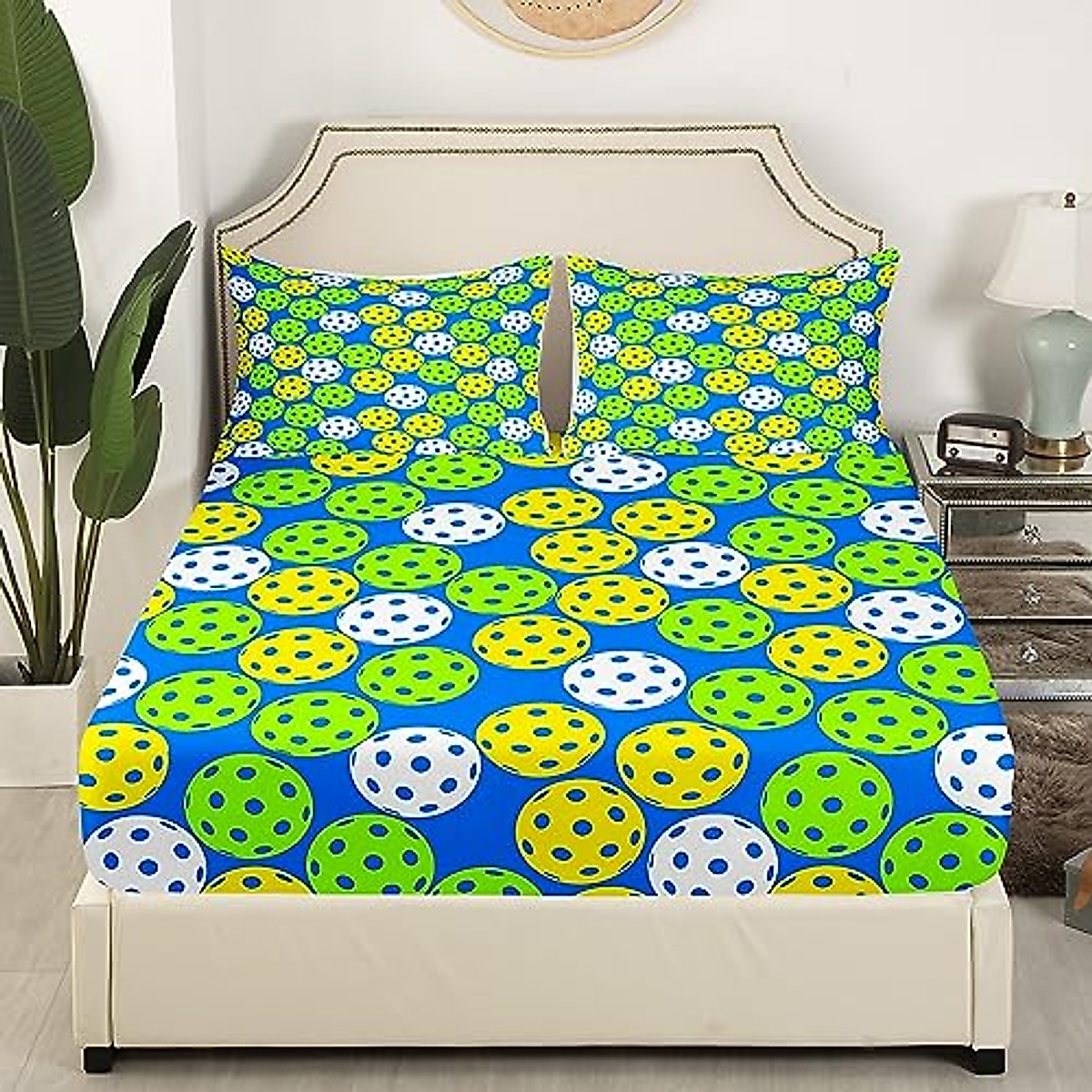 Pickleball Bed Set Ball Sports Themed Teens Sheet Set for Boys Girls Men Yellow White Green Pickleball Bed Sheets Blue Decor Sheets with 1 Pillowcase 3Pcs Bedding Twin