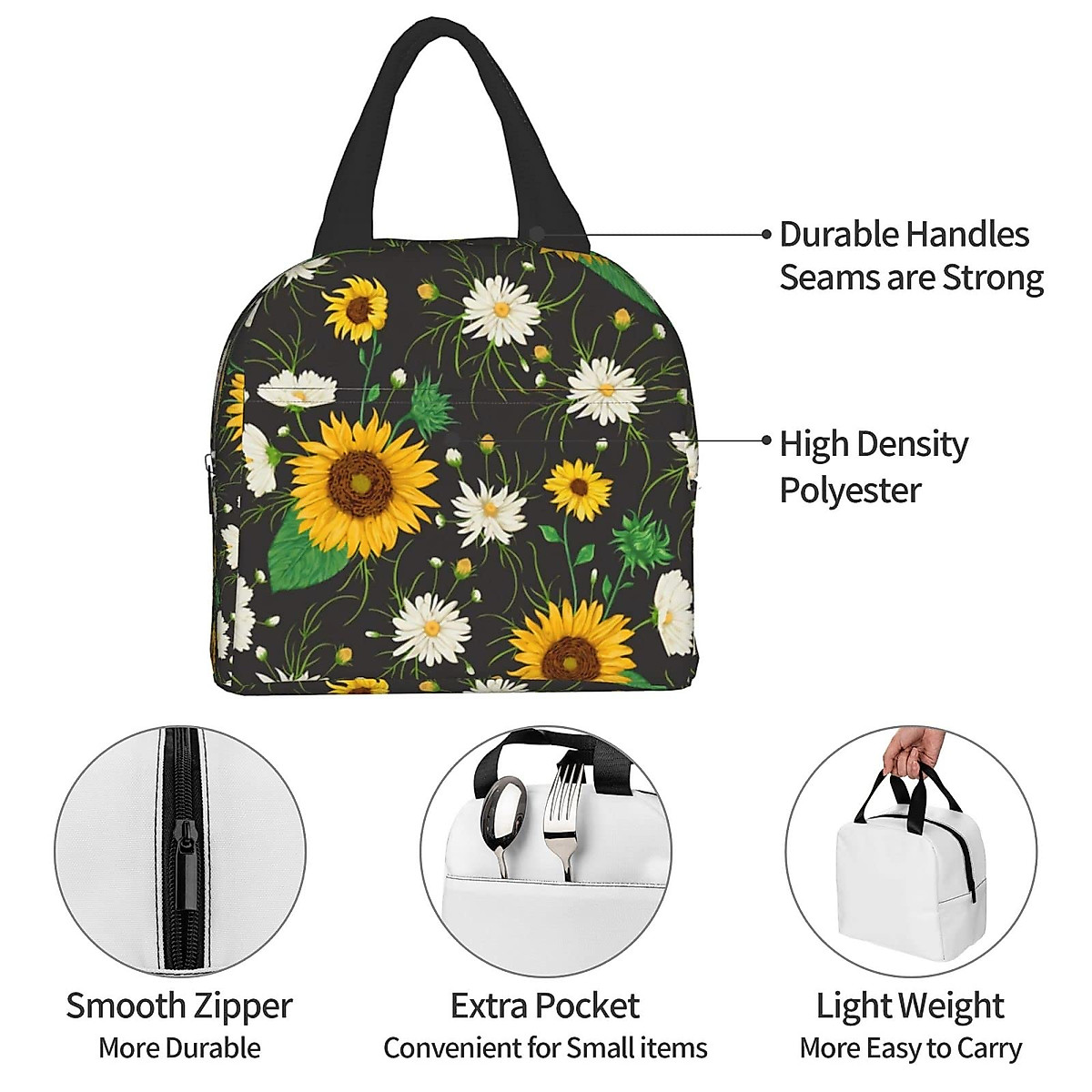 Sunflower Lunch Bags for Women Portable insulated Leakproof Daisy Lunch Box Thermal Cooler Bag Reusable Loncheras Para Mujer for Office Work Picnic Beach