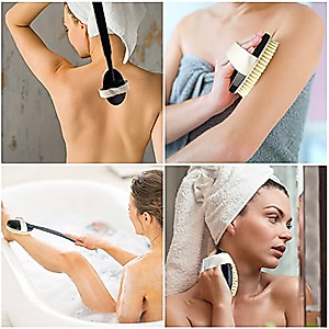 OWIIZI Black Bath Brush Wooden Curved Long Handle Body Brush for Exfoliating, Natural Bristle Shower Scrubber for Back Use Wet or Dry