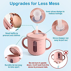 Palmatte Baby Toddler Cups with Straw for Infants 6 M+, 200ml Perspective Silicone Training Cup with Lid Handle Marks, Open Sippy Cups 6-12 Months Baby Led Weaning Supplies Baby Shower Gifts (Blush)
