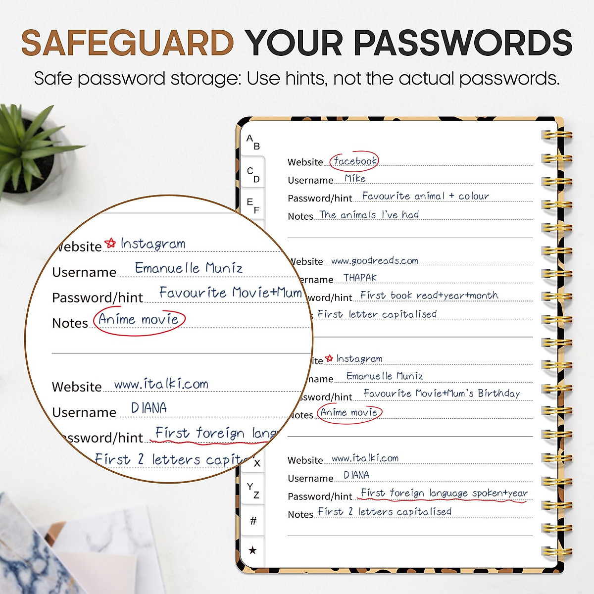 Password Book with Alphabetical Tabs, 5.5" x 6.7" Spiral Password Book, Small Password Books for Seniors, Password Keeper Book to Help You Stay Organized - Leopard