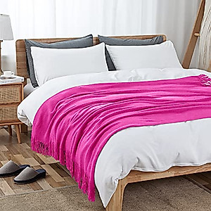 Vonty Hot Pink Knitted Blanket with Tassels Fringe 50" x 60", Super Soft Knit Throw Blanket, Farmhouse Decorative Lightweight Blanket for Couch, Sofa, Bed