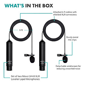 Movo LV4-O2 XLR Phantom Power Omnidirectional Lavalier Microphone Set, with Lapel Mic Clips and Windscreens - Perfect Lapel Microphone for Video Recording, Podcast, Interview, YouTube Production