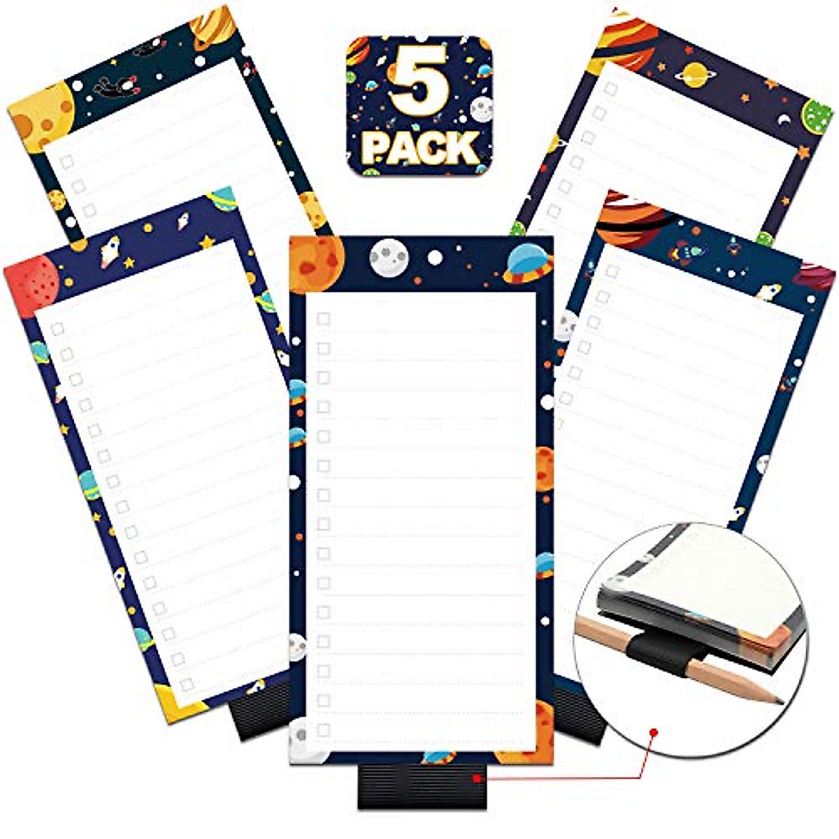 5 Pack Magnetic Notepads with Pen Holder for Fridge, Full Magnet Back Notepad, To Do List, Grocery Shopping, Space Theme, 6 x 3 Inches, 50 Sheets, Magnet Memo Pad for Fridge, Locker, File Cabinet, etc