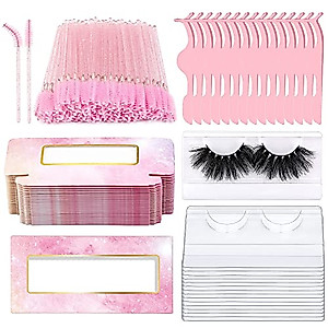 175 Pieces Lash Packaging Wholesale, Include 30 Empty Eyelashes Packaging Box, 30 False Lash Trays, 15 Eyelash Tweezers and 100 Eyelash Brush Mascara Wands Disposable (Pink)