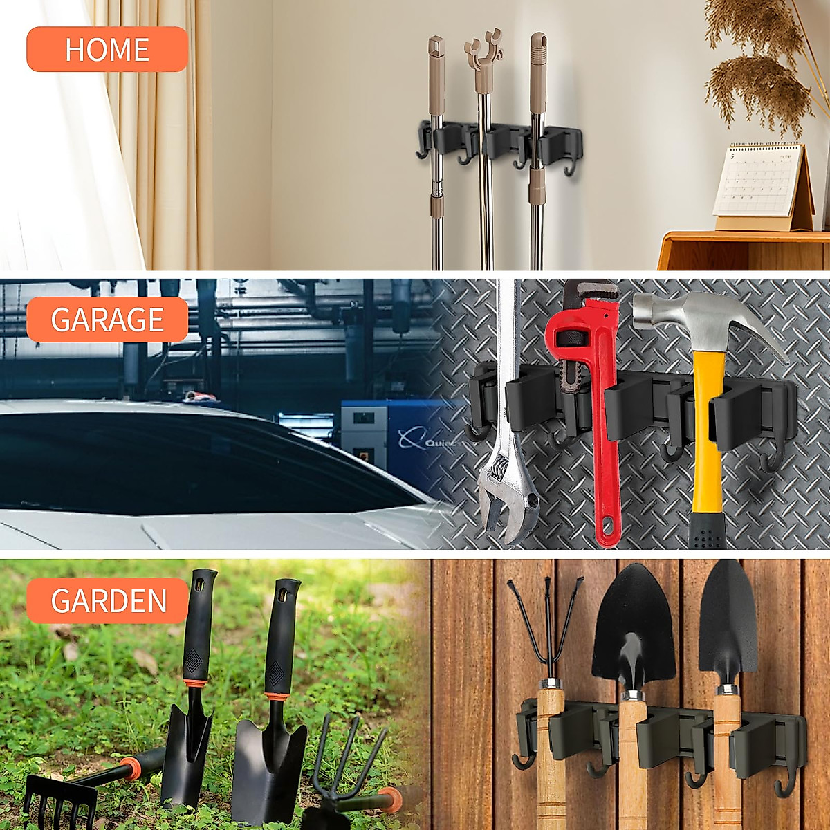 Broom and Mop Holder Wall Mount,Upgraded Broom Organizer,Broom Hanger Wall Mount for Home Kitchen Bathroom Garden Laundry Garage,Tool Organizer With 3 Racks and 4 Hooks (Black, 3 Racks with 4 Hooks)