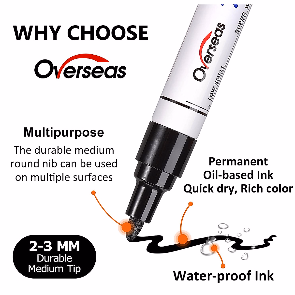 Overseas Permanent Paint Pens Black Markers - 2 Pack Single color Oil Based Paint Markers, Medium Tip, Quick Drying and Waterproof Marker Pen for Metal, Rock Painting, Wood, Plastic, Canvas, Mugs