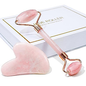 BAIMEI Jade Roller & Gua Sha, Face Roller, Facial Beauty Roller Skin Care Tools, Massager for Face, Eyes, Neck, Body Muscle Relaxing and Relieve Fine Lines and Wrinkles - Rose Quartz