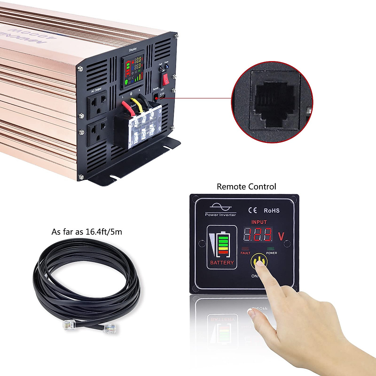 MWXNE 4000 Watts Power Inverters, 24V DC to 110V AC Pure Sine Wave Car Power Adapter with LCD Display, Remote Control, 3 Outlets and Dual 2.4A USB Charging Ports