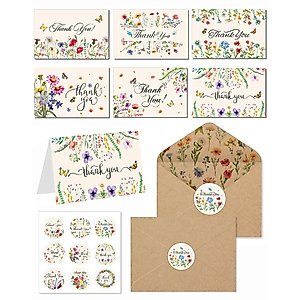 Anvin Thank You Cards 24 Pcs with Kraft Envelopes and Stickers Wildflower Design Blank Note Cards for Wedding, Business, Baby Shower, Funeral, Graduation, Bridal Shower (4x6 Inch)