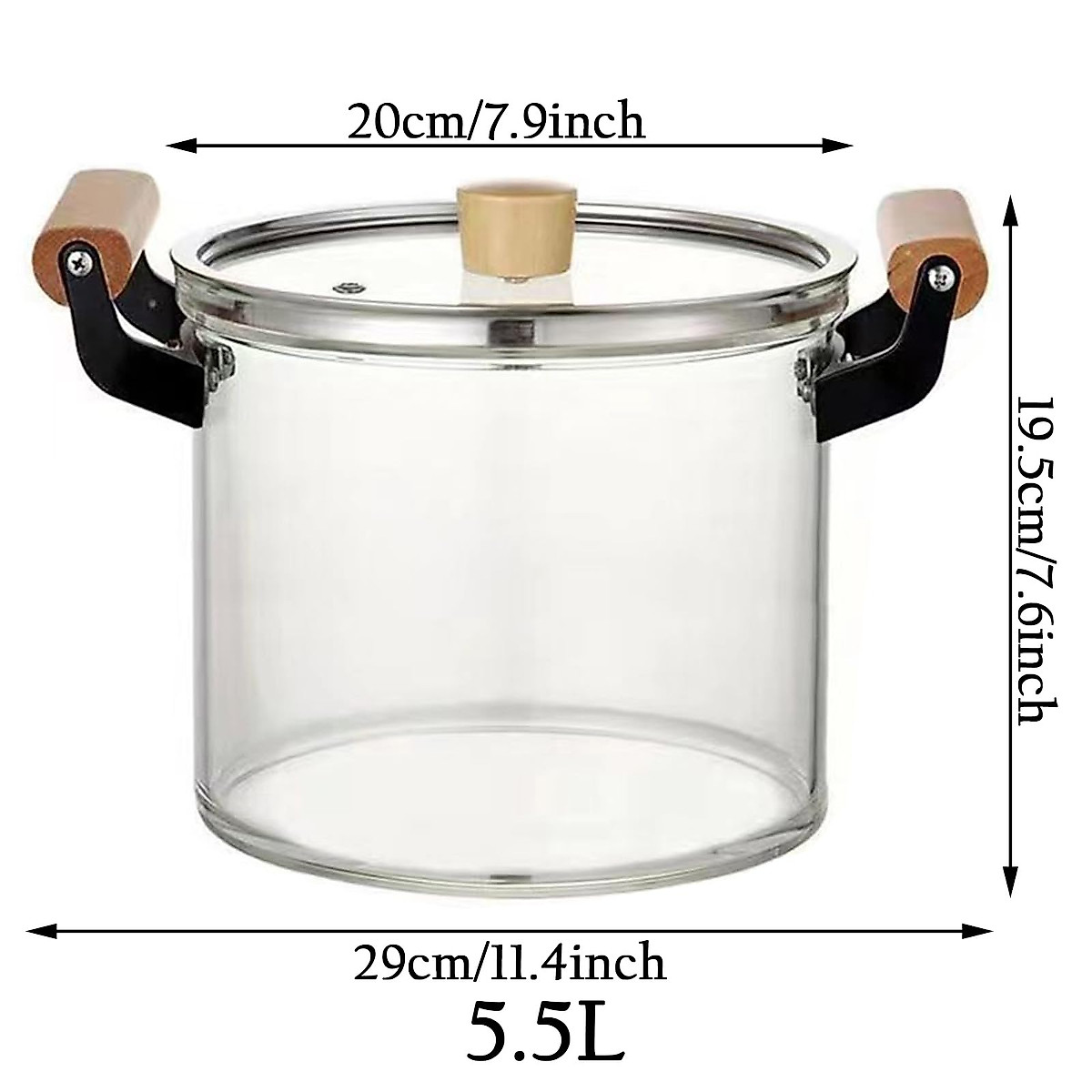 Hgjgwqh Clear Glass Pot for Cooking Borosilicate Glass Stovetop Pot with Lid and Wooden Handle Large Glass Saucepan with Cover on Stove Nonstick Glass Simmer Pot for Home Kitchen Restaurant,5.5l