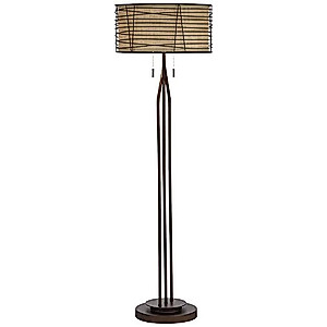 Franklin Iron Works Marlowe Industrial Rustic Farmhouse Lamp Floor Standing 60 1/2" Tall Bronze Woven Iron Metal Burlap Fabric Double Drum Shade for Living Room Reading Bedroom Office House Home