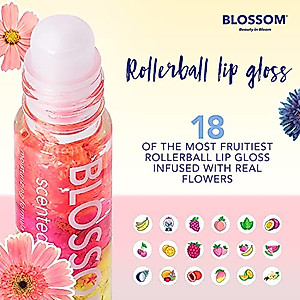 Blossom Scented Roll on Lip Gloss, Infused with Real Flowers, Made in USA, 0.3 fl. oz./9ml, 3 pack Mini Gift Set, Strawberry, Watermelon, Mango