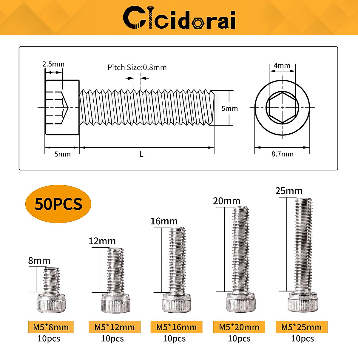 Cicidorai M5 x 8mm 12mm 16mm 20mm 25mm Socket Head Cap Screws Bolts, Stainless Steel 304, Metric Allen Hex Drive, Fully Threaded, Bright Finish, 50PCS