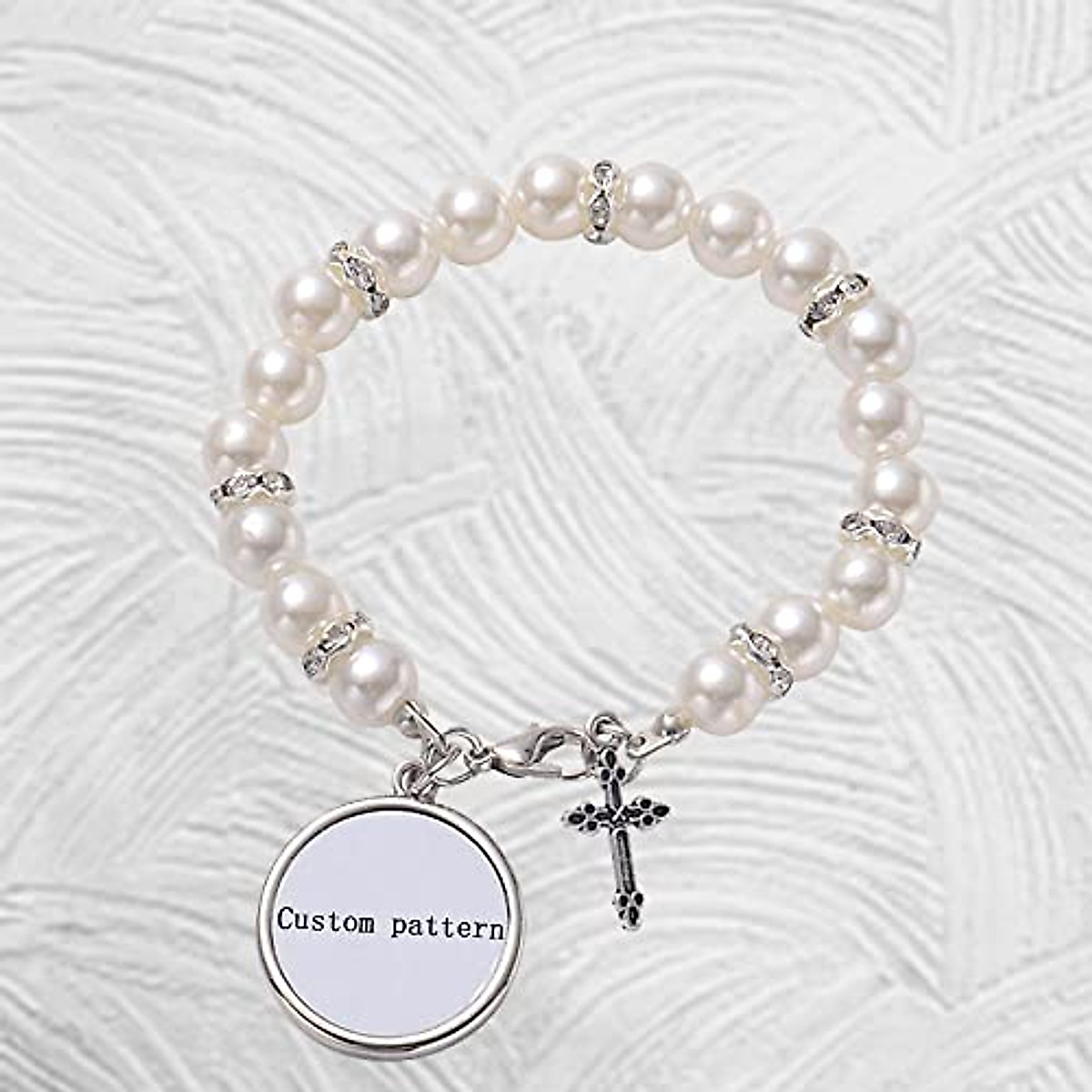 Custom Christian Charm Bracelets for Women Faith-Personalized Bracelets for Women with Picture-Engraved Cross Bracelet for Women Beaded Grandma Mother Daughter Easter Adjustable (White)