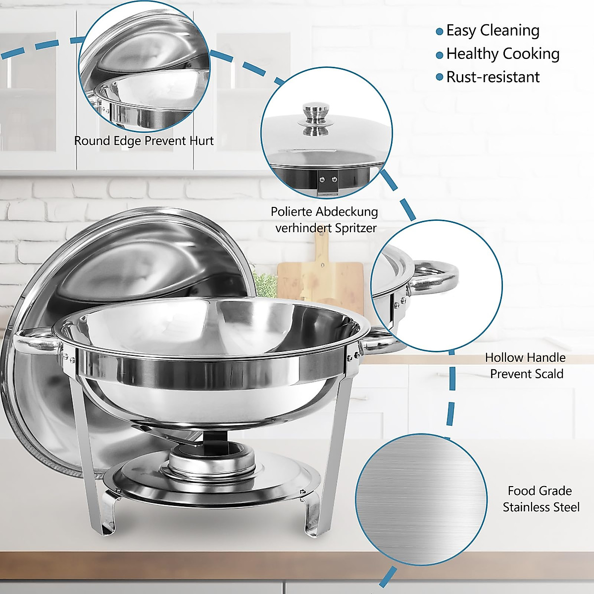 Jacgood Chafing Dish Buffet Set Full Size Stainless Steel, Silver Round Catering Warmer Set with Food and Water Trays, Mirror Cover, Thick Stand Frame for Kitchen Party Banquet (5 Qt 2 Pack)