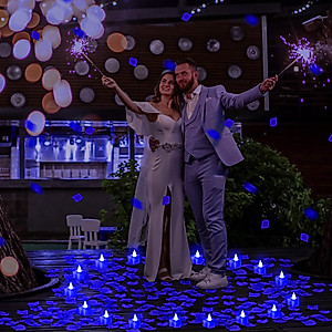 VIHOSE 4000 Pcs Artificial Rose Petals with 24 Pcs LED Tea Lights Candles Flameless LED Candles Fake Rose Petals for Proposal Wedding Birthday Party(Blue Light, Blue Petals)