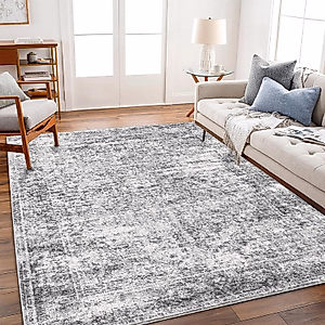 CHAMPLANT 5x7 Washable Area Rug Gray Vintage Rug Traditional Floor Cover Foldable Thin Rug Kitchen Accent Rug Indoor Distressed Non Slip Carpet Floral Print Mat Bedroom Living Room Bathroom