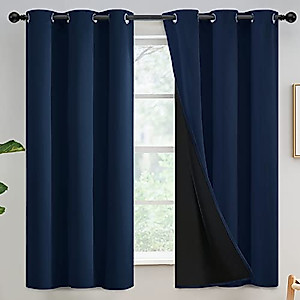 Yakamok Navy Blue Curtains 100% Blackout Curtains for Bedroom - Grommet Thermal Insulated Full Room Darkening Block Out Curtains with Black Liner for Bedroom, Set of 2 Panels, W42 x L63 Inch