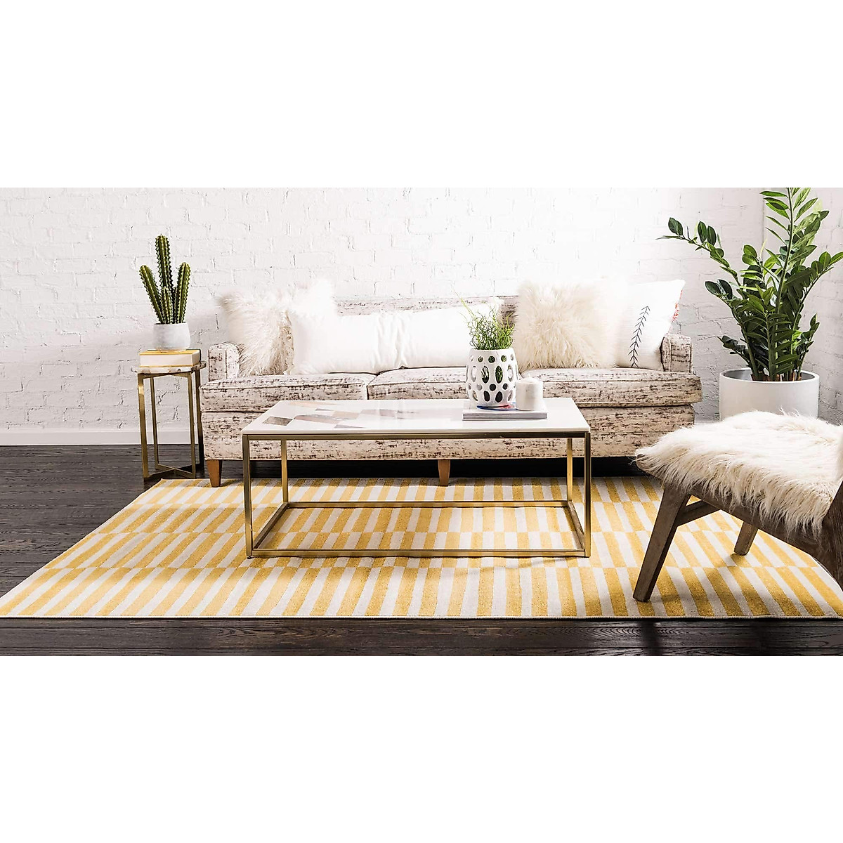 Unique Loom Williamsburg Collection Casual Transitional Thick Alternating Stripes Area Rug, 4 x 6 ft, Yellow/Beige