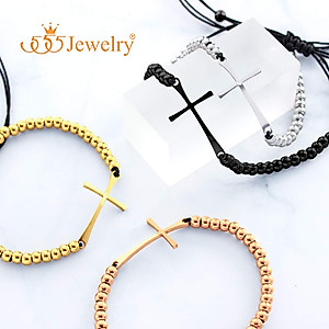 555Jewelry Stainless Steel Sideways Cross Bracelet for Women Adjustable String Bracelets Cross, Extendable Slide Cuff Bangle Beaded Bolo Bracelets for Women, Black