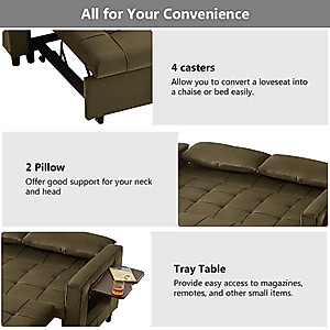 Bocarali 58" W Convertible Sofa Bed, 3 in 1 Velvet Upholstered Loveseat Sleeper with Adjustable Back, Modern 2 Seater Sofa with Put Out Bed, 2 Pillows Wing Tables for Living Room, Light Brown