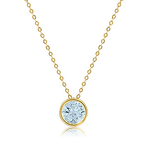MAX + STONE 14k Yellow Gold Round Pendant Necklace for Women with 7 mm Blue Aquamarine March Birthstone on 18 Inch Cable Chain Spring Ring Clasp Bezelby