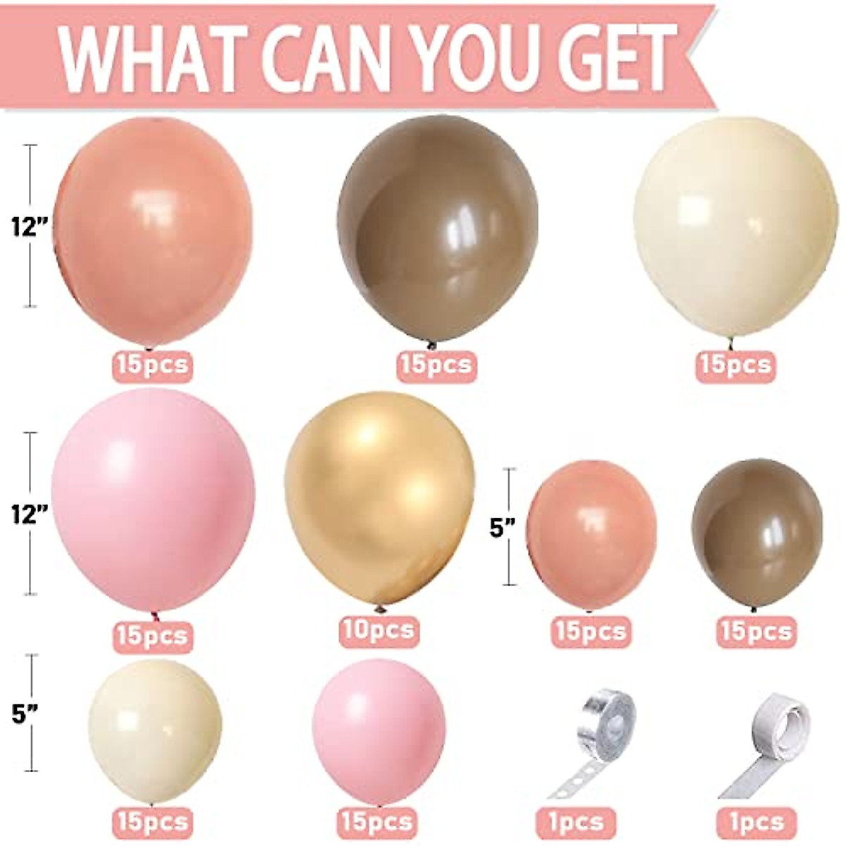 132PCS Dusty Rose Pink Brown Nude Mauve Ivory White Boho Balloons Balloon Garland Kit, Baby Shower Balloons Girls, Boho Teddy Bear Neutral Birthday Wedding Baby Shower Party Decorations for Girl