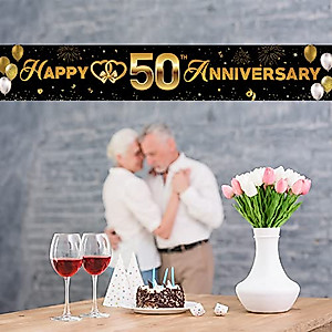 50th Wedding Anniversary Yard Sign Banner Decorations, Golden Happy 50th Anniversary Decorations Backdrop, 50 Years Anniversary Party Supplies Gold for Outdoor Indoor, Sturdy Fabric Vicycaty