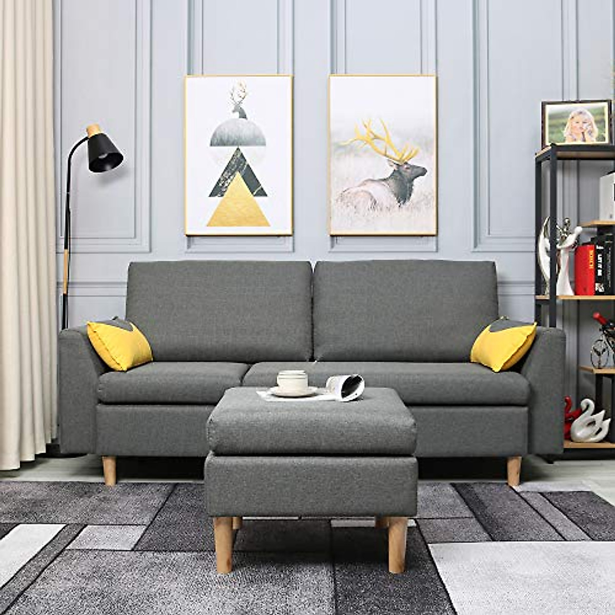 Best-Living Furniture Modern Linen Fabric L-Shaped Small Space Sectional Sofa with Stool, Reversible Chaise, in Grey