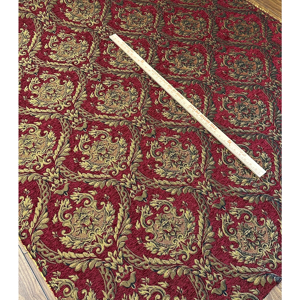 Damask Tapestry Chenille Fabric - Upholstery Fabric, 60" Width - Sold by The Yard (Dark Red/Gold)