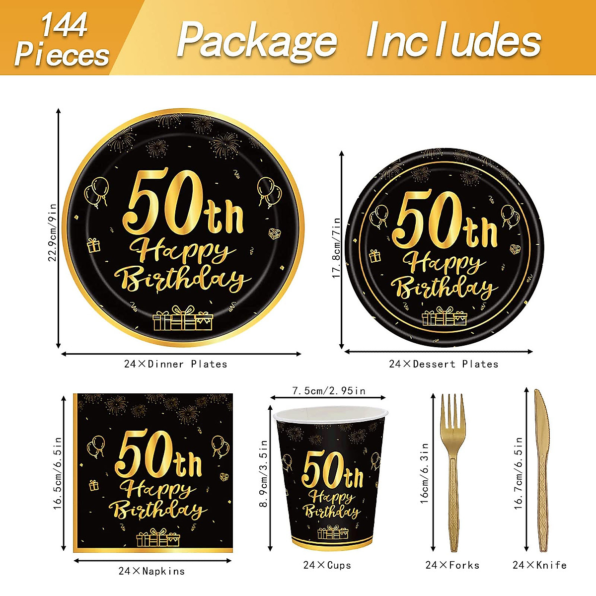 144PCS 50th Birthday Plates and Napkins Birthday Party Tableware Birthday Party Supplies 50th Birthday Party Decorations for Men Women 50th Birthday Paper Plates Napkins Cups Fork and Knives Serve 24
