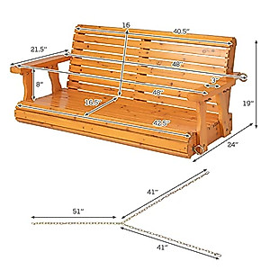 Tangkula 2 Person Hanging Porch Swing, Outdoor Bench Swing with Adjustable Chains, High Back, Cozy Armrests, Wooden Tree Swing Chair for Patio Backyard Deck Garden (Natural)