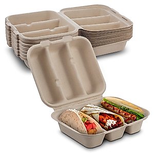MT Products Taco Container - 15 Pieces Disposable Pulp Fiber 3 Compartment Taco Holder with Lid - Size 8” x 7” x 3" Keeps Taco Upright