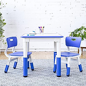 ECR4Kids Dry-Erase Square Activity Table with 2 Chairs, Adjustable, Kids Furniture, Blue, 3-Piece