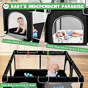 BeeHalo Baby Playpen Baby Playard, Playpen for Babies and Toddlers with Gate, Indoor & Outdoor Kids Activity Center with Anti-Slip Base,Sturdy Safety Play Yard with Soft Breathable Mesh(Black,50”×50”)