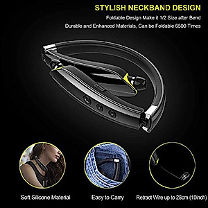 BEARTWO Bluetooth Headphones, Upgraded Foldable Wireless Neckband Headset with Retractable Earbuds, Noise Cancelling Stereo Earphones with Mic for Workout, Running, Driving (with Carry Case)