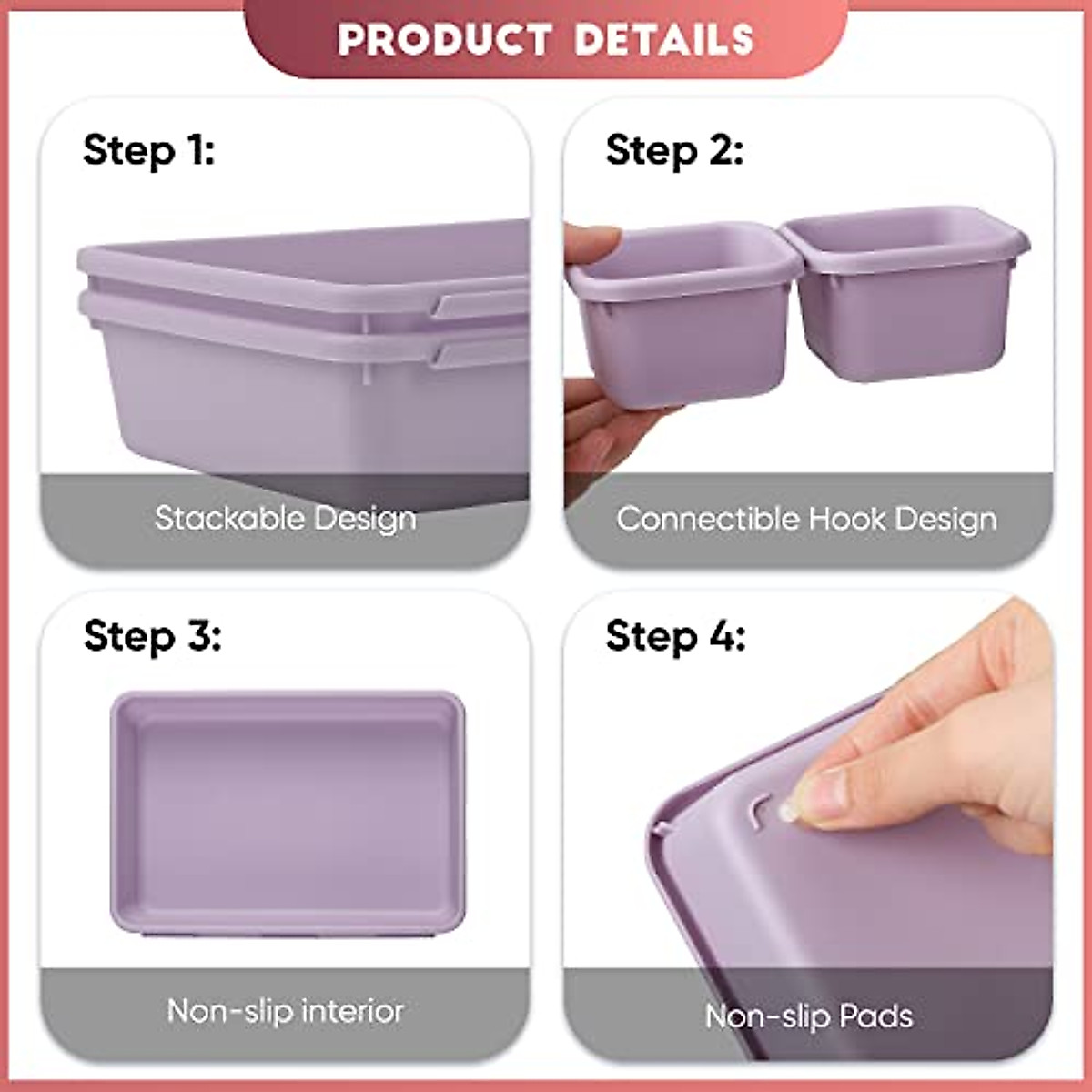 Purpeak 32 Pcs Desk Drawer Organizer Office Organization Tray Versatile Vanity Organizer with Nonslip Pads Makeup Organizer for Divider Drawer Storage Box Container for Kitchen Bedroom (Purple)