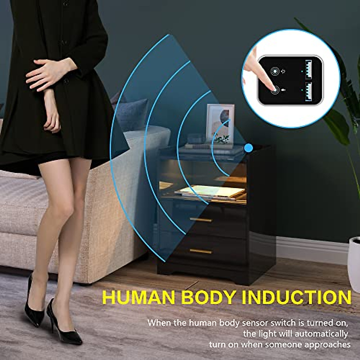 HNEBC Auto LED Nightstand with 2 USB Charging Station, High Gloss Black Nightstand Side Table with 2 Drawers,Bedside Table has Infrared Induction/3 Color LED Lighting/Adustable Brightness(Black)