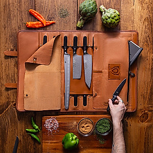 Dalstrong - Large Chef Knife Roll Bag - Brazilian Leather - California Brown - Vagabond Series - 16 Slots - Interior and Rear Zippered Pockets - Blade Travel Storage/Case